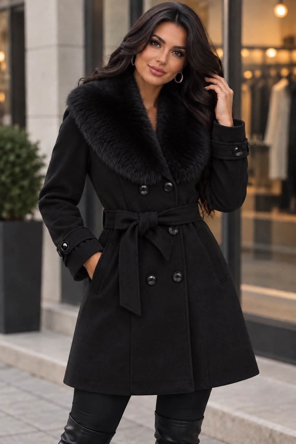 Ženski elegantni kaput sa krznenom kragnom - Model: dvoredni kaput A