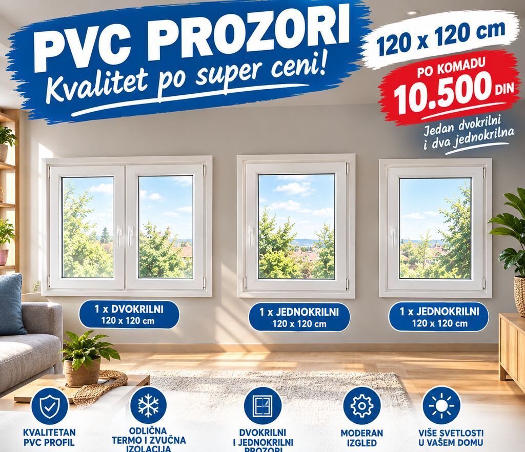 Prozor PVC Bele boje Dimenzije 120x120 cm 3 ista prozora Jedan