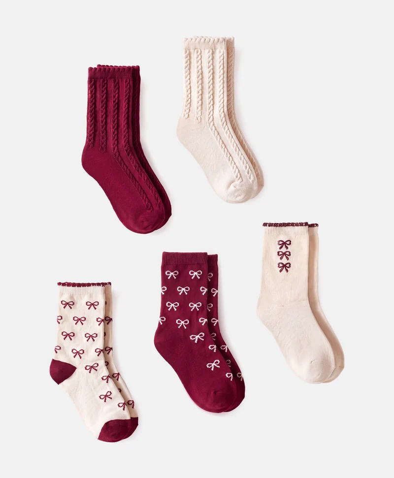 Set kremasto-bordo sokni za devojčice 5‑pak
