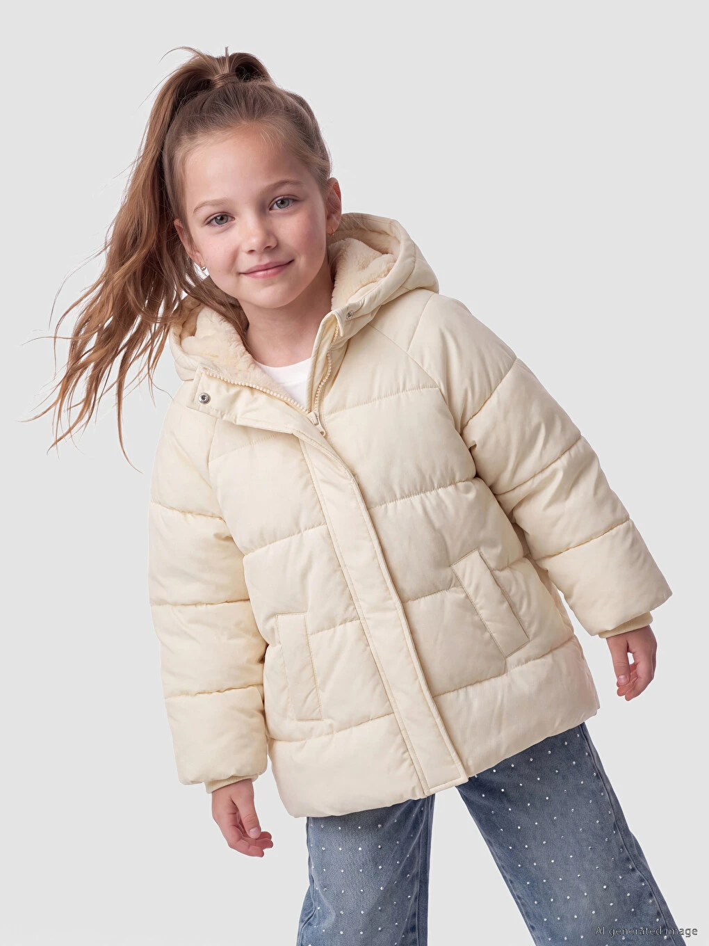 LCW Kids Regular Fit Kaput Za Devojčice Sa Kapuljačom Od Puf Materijala