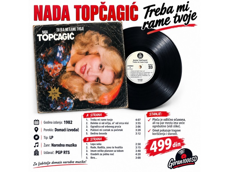 LP NADA TOPČAGIĆ – TREBA MI RAME TVOJE | LP 1982 | PGP