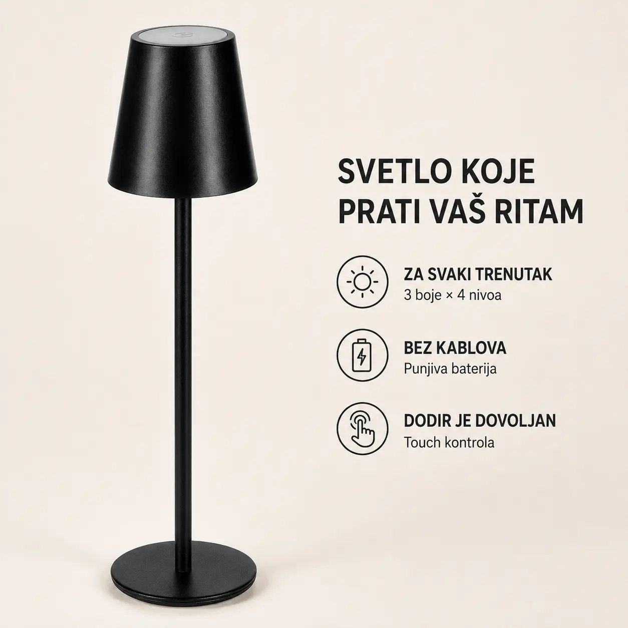 LED stona lampa NERA - punjiva, touch kontrola, 3 boje svetla i 4 nivoa, metalna, crna