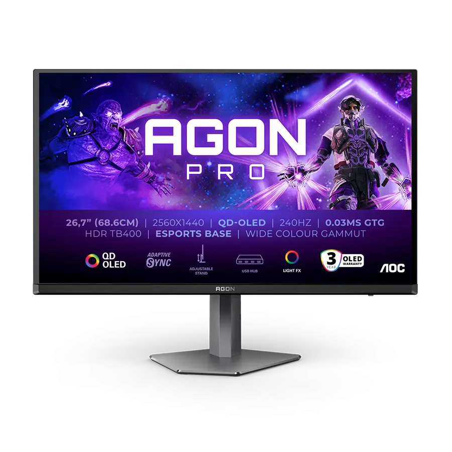 AOC monitor AG276QZD2 AGON PRO, 26.7", QD-OLED, 2560×1440, 240Hz, 0.03ms, 250 cd/m², 3-strani bez okvira, Full Ergo, 2×HDMI, 2×DP, USB hub, sivi