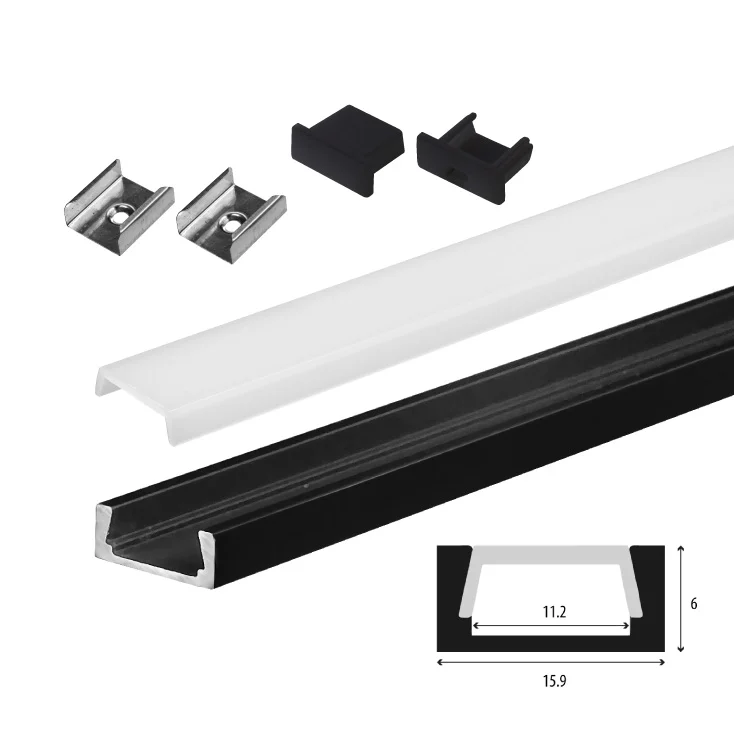 Set aluminijumski profil za LED trake 1m 15x6 mm crni