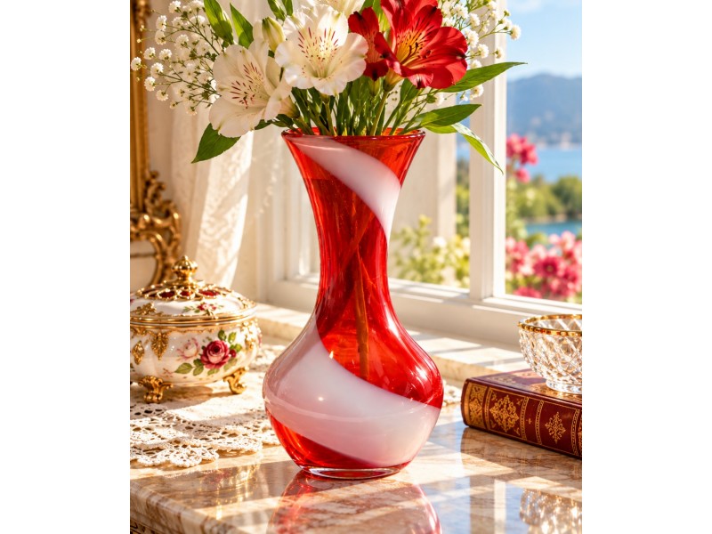 Japan art glass vaza crveno bela swirl 14 cm