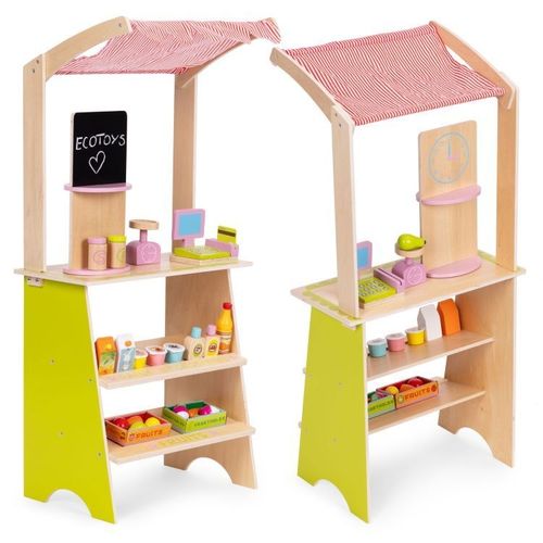 EcoToys Drvena dečija pijaca sa vagom, POS terminalom i dodacima, 20 delova