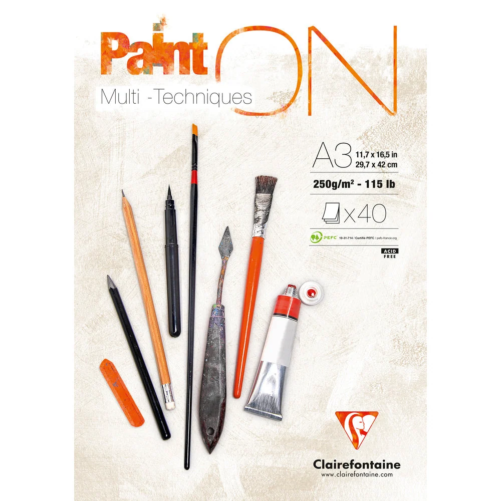 Blok za miks medija CLAIREFONTAINE Paint'On ekstra beli 250 g/m² – 40 listova – A3