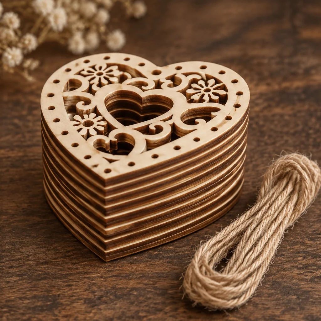 Drveni ukrasi srce sa ornamentom 5 x 5 cm - set od 5 kom