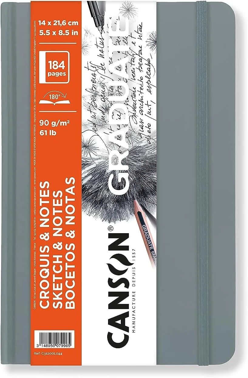 Skicb subterranean blok u tvrdom povezu CANSON Graduate Art Book 90 g/m² – 184 lista, 14 x 21.6 cm, svetlosivi