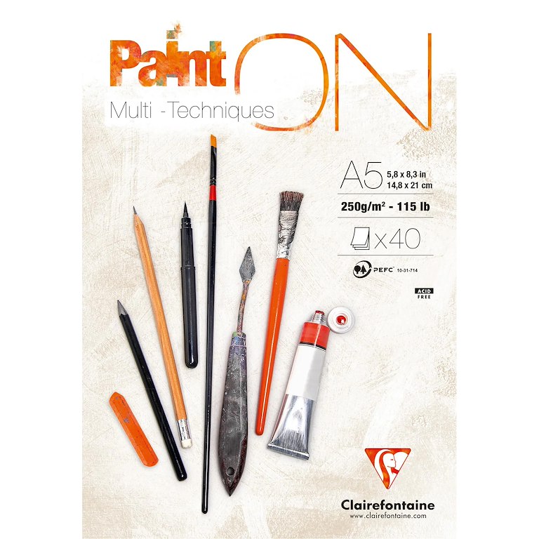 Mix media blok CLAIREFONTAINE Paint'On beli A5 250 g/m² - 40 listova
