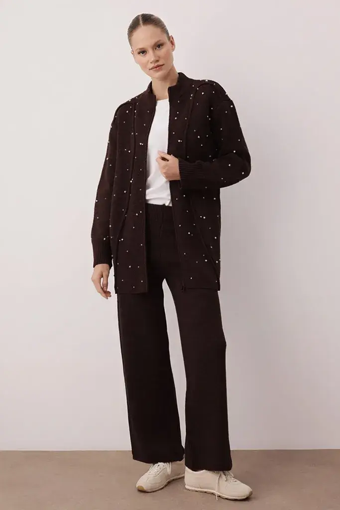 Trendyol Modest Ženski komplet Brown Pearl Regular Double Plate Plain Knitwear Hijab Bottom - Top Set Tctaw26Us00029, Braon