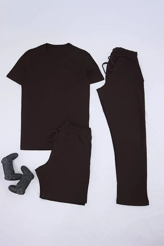 Trendyol muški set T-shirt, pantalone, šorts Tmnss25Em00001, tamno braon-braon
