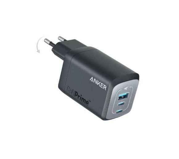 Prime 67W GaN zidni brzi punjač, 3-porta (2x USB-C i 1x USB-A) crni