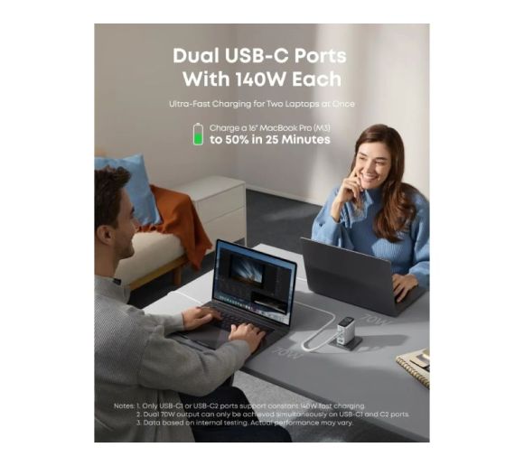 140W GaN zidni brzi punjač, 4-porta (3x USB-C i 1x USB-A) sa USB-C M/M pletenim kablom, srebrni