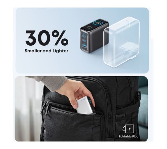 100W GaN zidni brzi punjač, 3-porta (2x USB-C i 1x USB-A) sa USB-C M/M pletenim kablom, tamno sivi