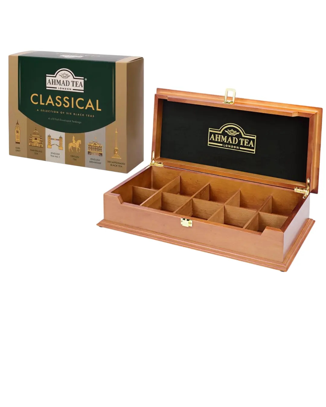Ahmad tea Čaj Classical selection, 60 kesica, 120g i Ahmad tea drvena kutija za kesice sa poklopcem