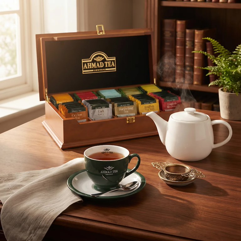 AHMAD TEA GIFT SET — DRVENA KUTIJA & ČAJNIK