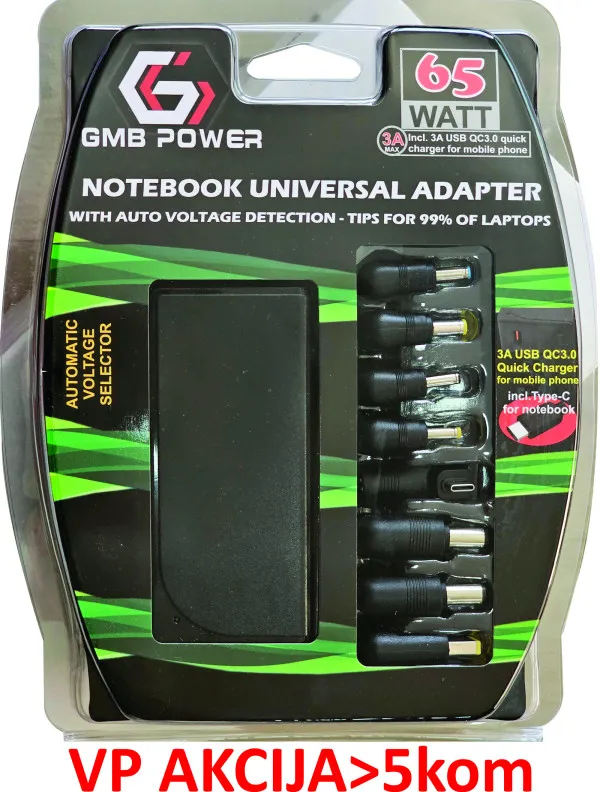NPA-AC7D **Gembird univerzalni laptop punjac AC 65W sa Tip-C + QC3.0 mob. brzi punjac 3A, auto(1475)