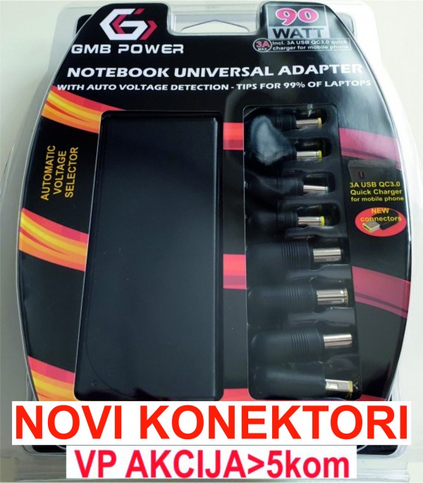NPA-AC5D **Gembird univerzalni laptop punjac AC 90W + QC3.0 mob.brzi punjac 3A, auto voltage (1309)