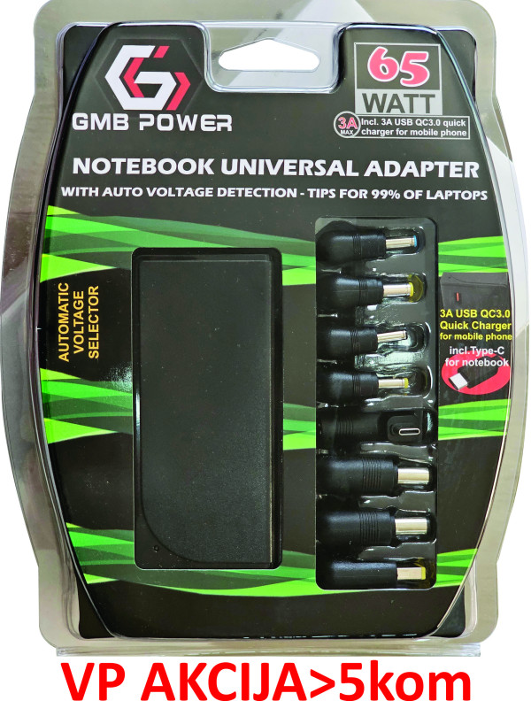 NPA-AC7D **Gembird univerzalni laptop punjac AC 65W sa Tip-C + QC3.0 mob. brzi punjac 3A, auto(1475)