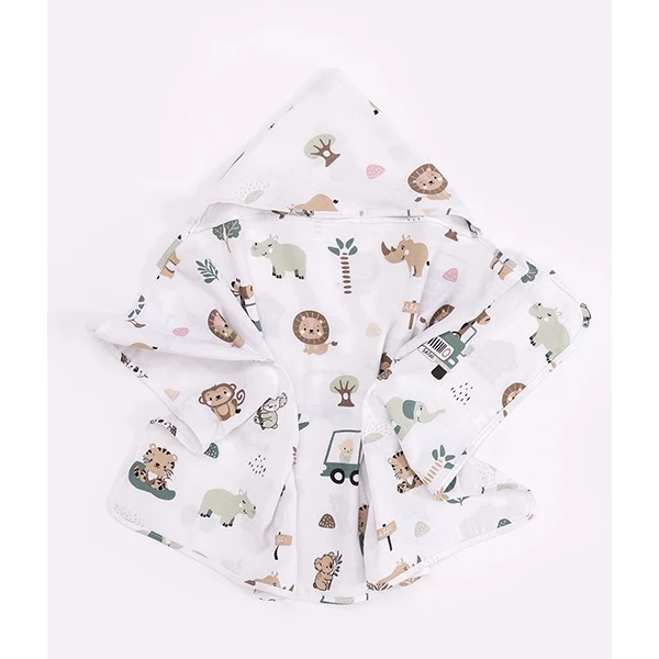 Peškir sa kapuljačom za bebe pamučni muslin 60x120cm Safari
