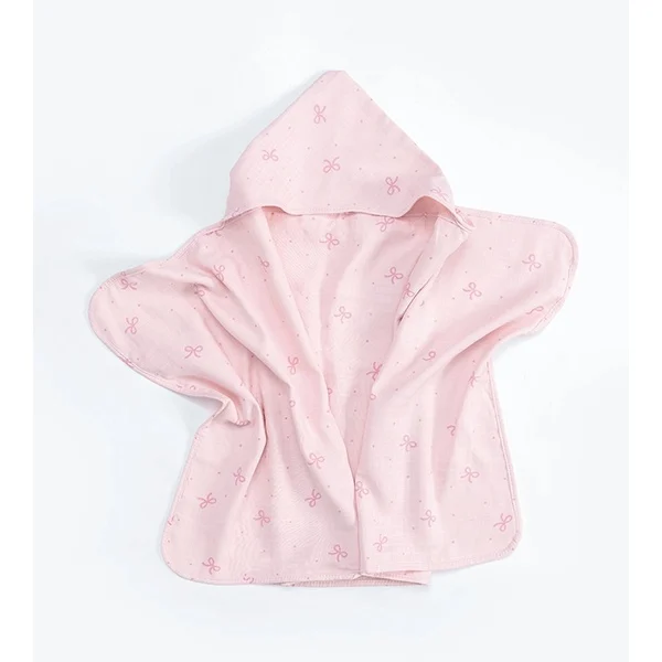 Peškir sa kapuljačom za bebe pamučni muslin 60x120cm Mašna roze