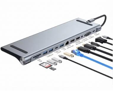 E-GREEN Multiport USB 3.1 tip C (M) - 2 x HDMI + VGA + 3 x USB 3.0 + 1 x tip C-(PD 100W) + USB 2.0 + 3.5mm + SD/TF + RJ45 (F)1000 Mbps (12 u 1)