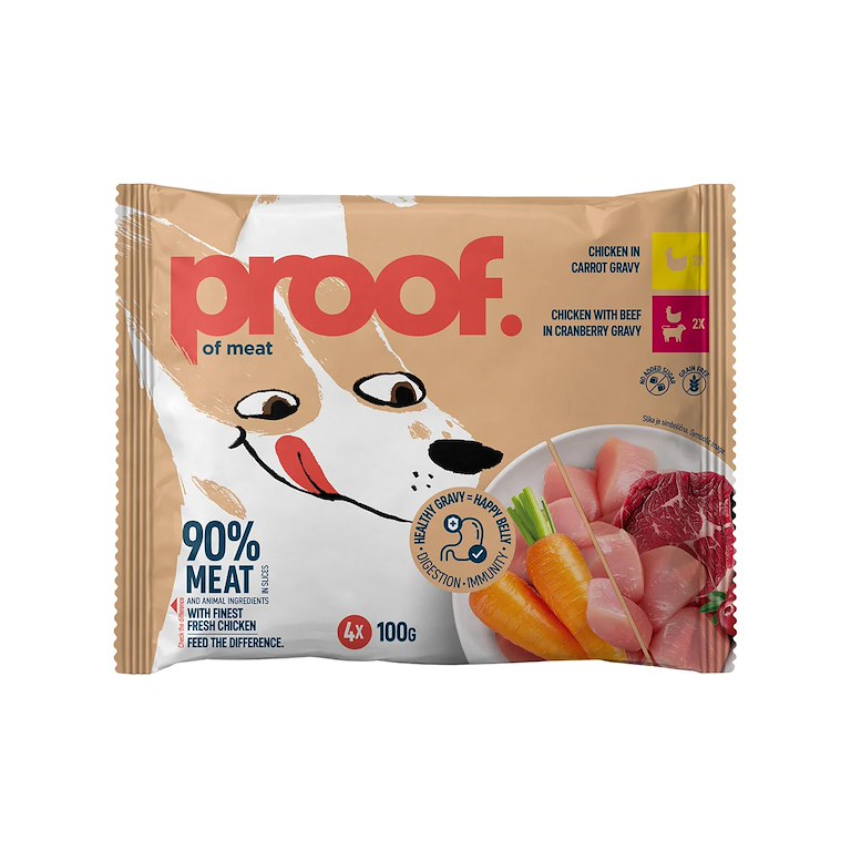 PROOF Multipack za pse 90% mesa, Piletina/Šargarepa, Govedina/Brusnica, 4x100g