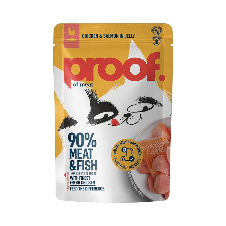 PROOF Kesica za mačke 90% mesa, s piletinom i lososom u želeu, 85g