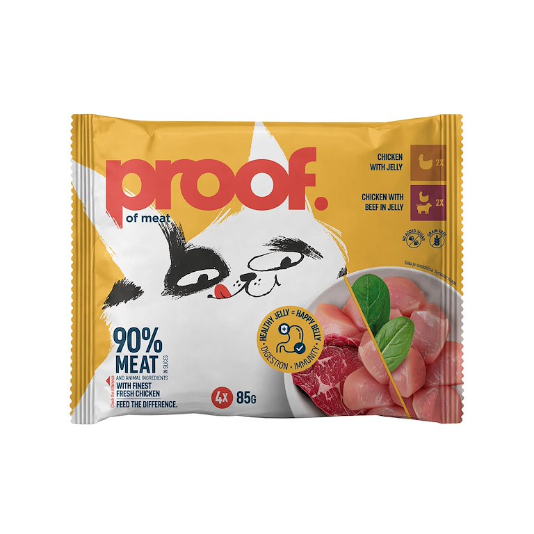 PROOF Multipack za mačke 90% mesa, s piletinom i govedinom, u želeu 4x85g