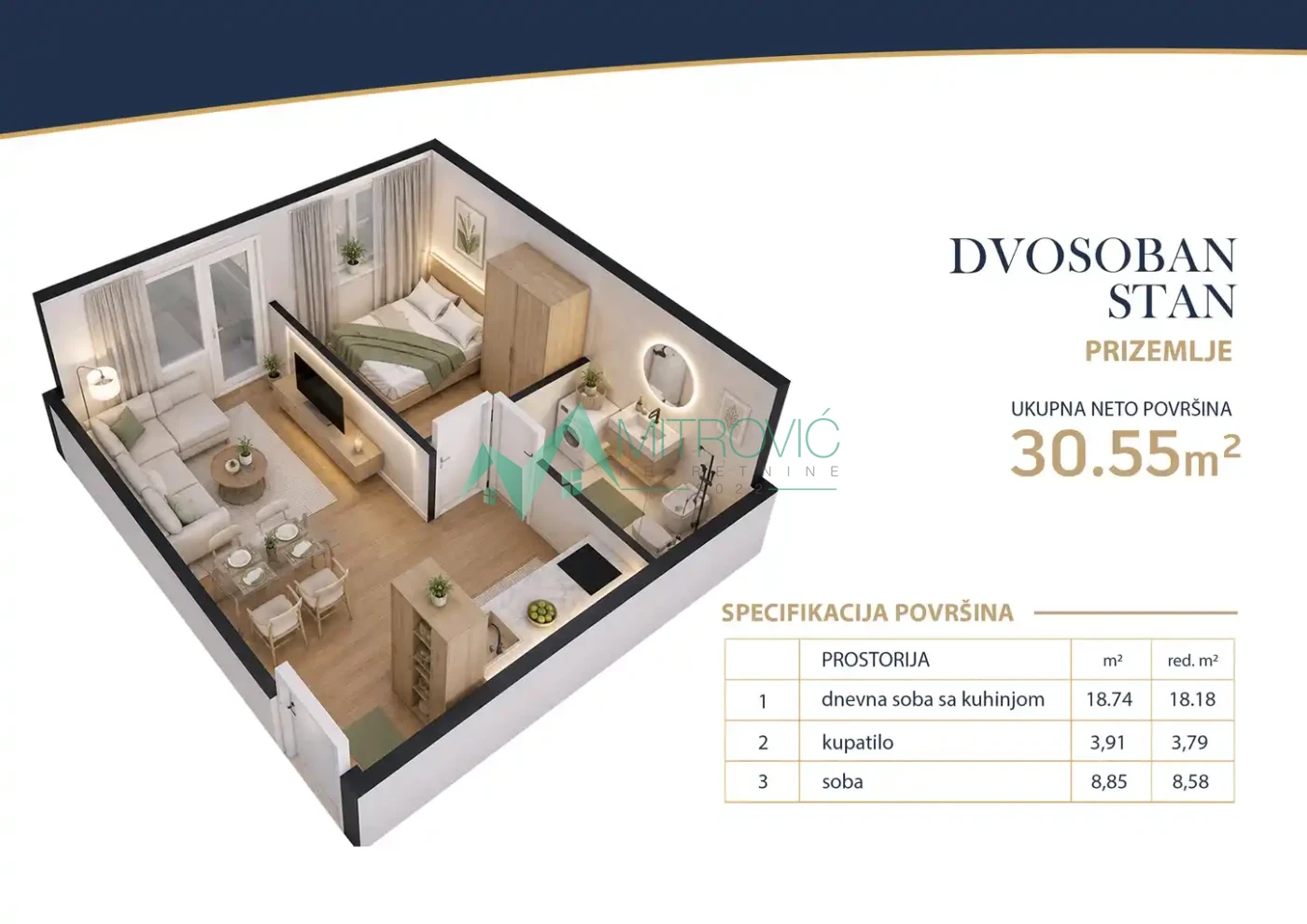 Dvosoban stan na prodaju, 30m2, 54.000€