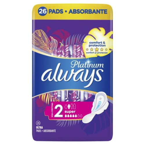 Always Platinum Super higijenski ulošci sa krilcima, veličina 2, 26 komada