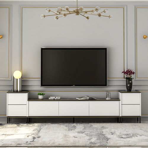 Hanah Home TV komoda Imaj, 260 cm, beli mermer / bela / crna / zlatna