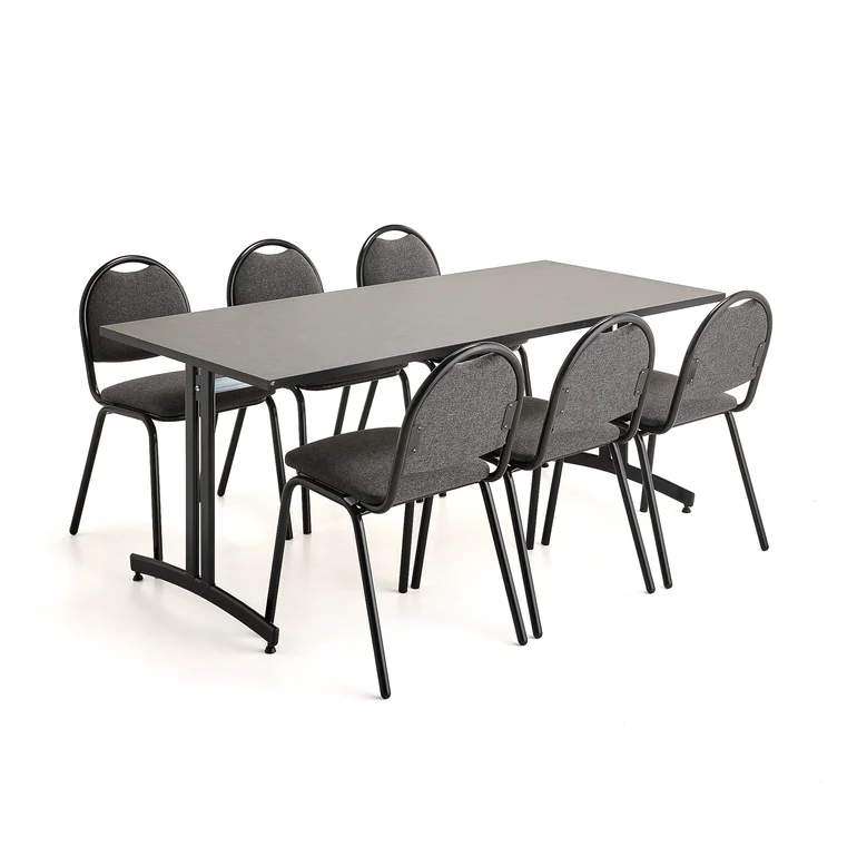 Trpezarijski komplet SANNA + WARREN
1 sto, 1800x800 mm, tamno sivi linoleum, 6 stolica, crna/siva
