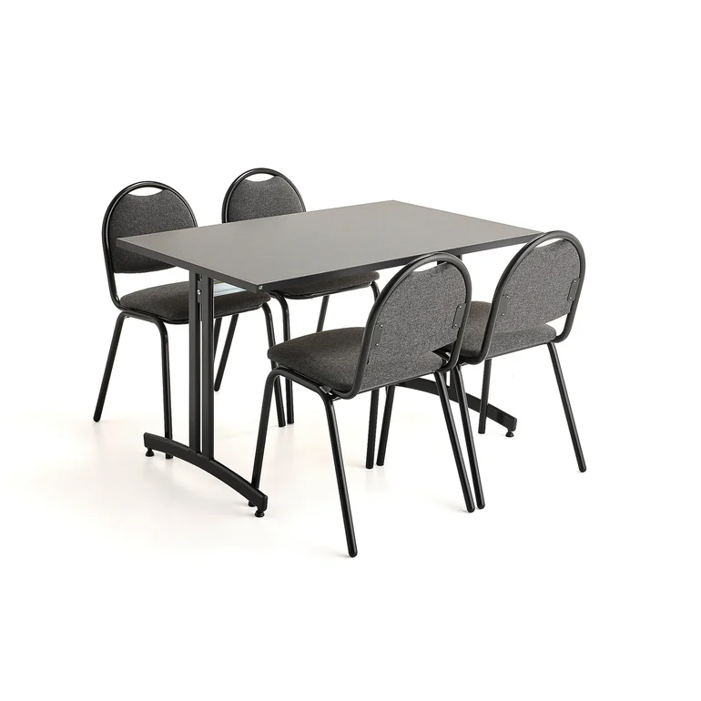 Trpezarijski komplet SANNA + WARREN
1 sto, 1200x800 mm, tamno sivi linoleum, 4 stolice, crna/siva