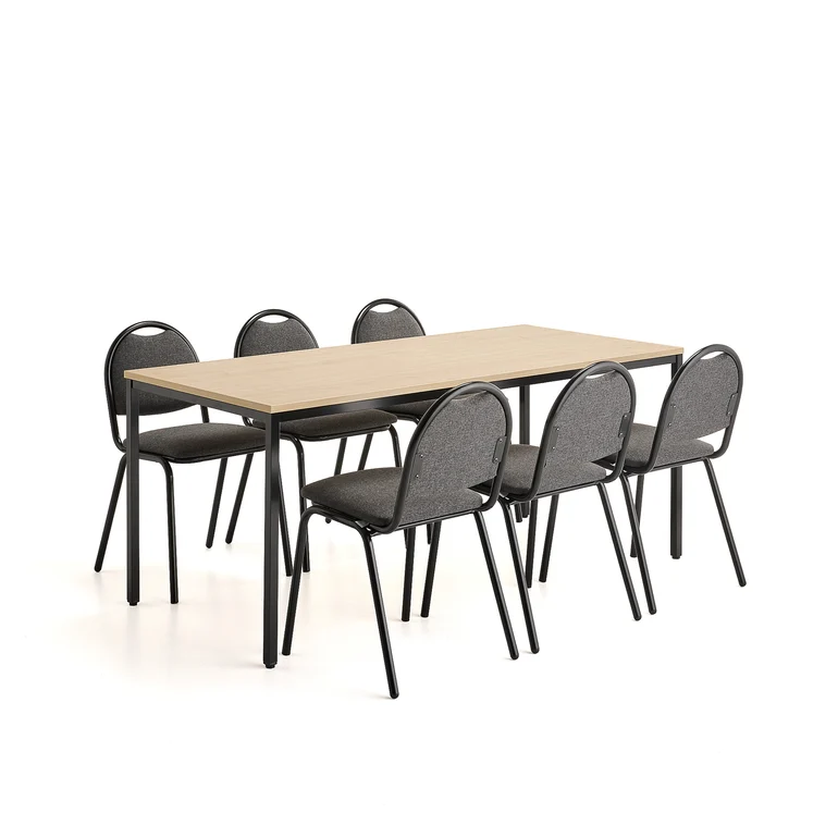 Trpezarijski komplet JAMIE + WARREN
1 sto, 1800x800 mm, breza, 6 stolica, crna/siva