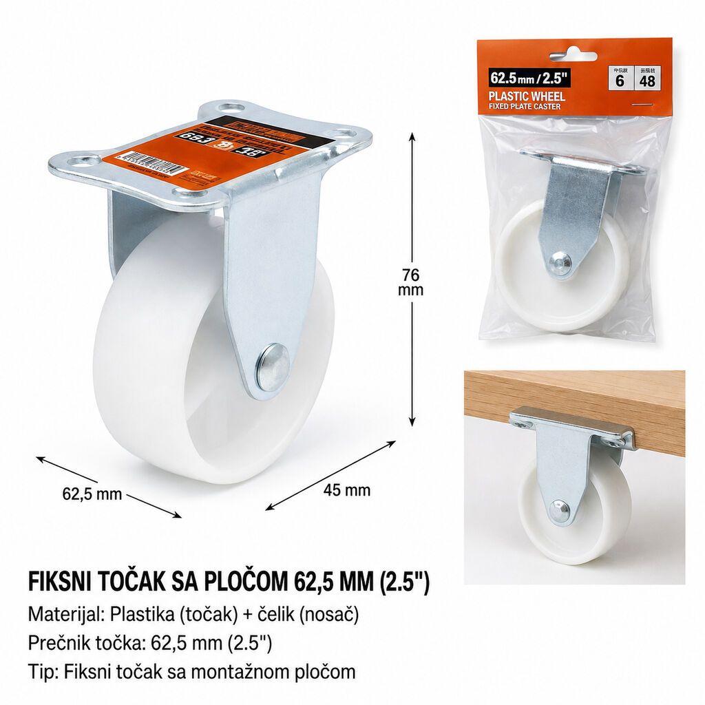 KMT Tip makaze za beli PP 9367886 Fiksni točak sa pločom, idealan za
