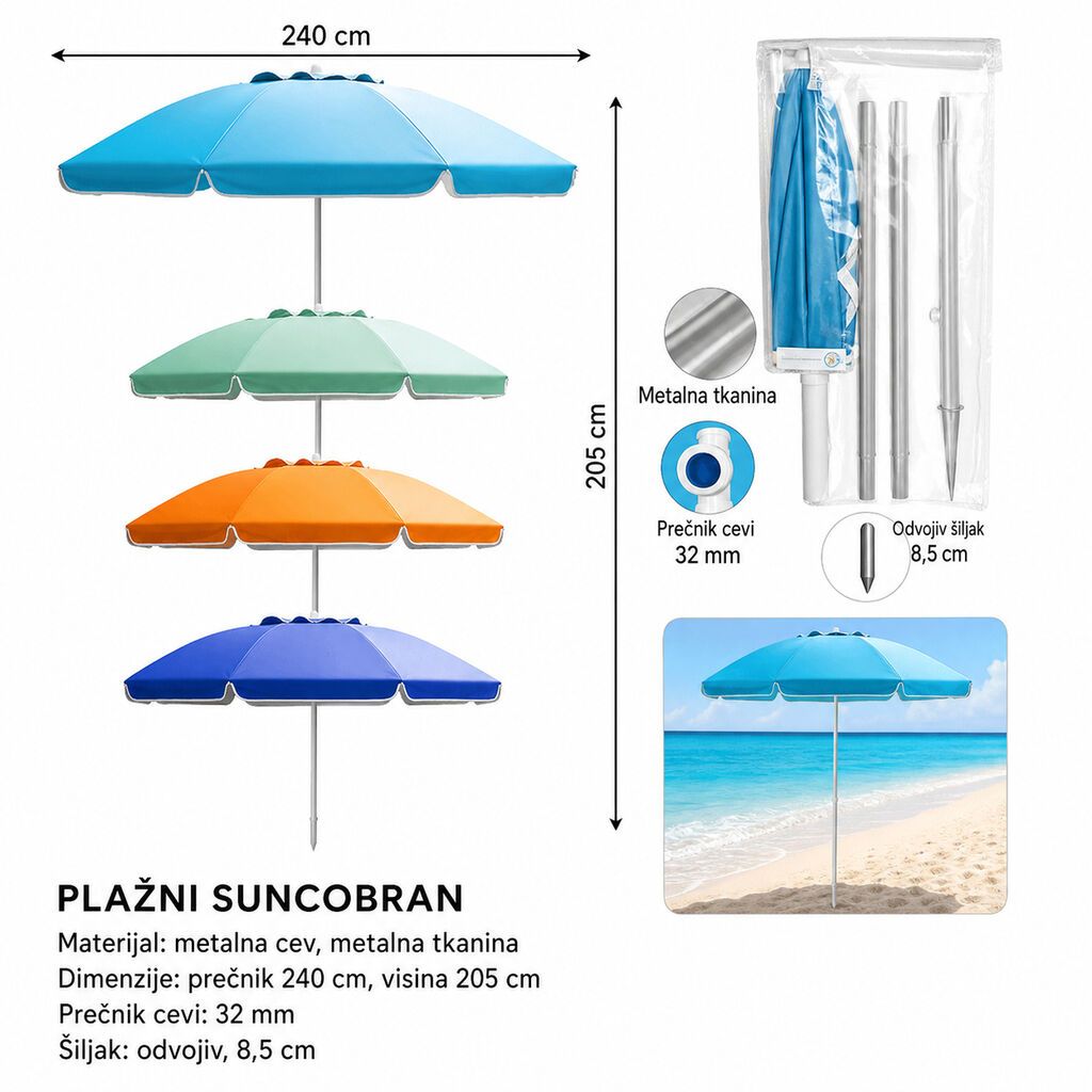 KMT Običan suncobran za plažu sa aluminijumskim stubom za upravljanje