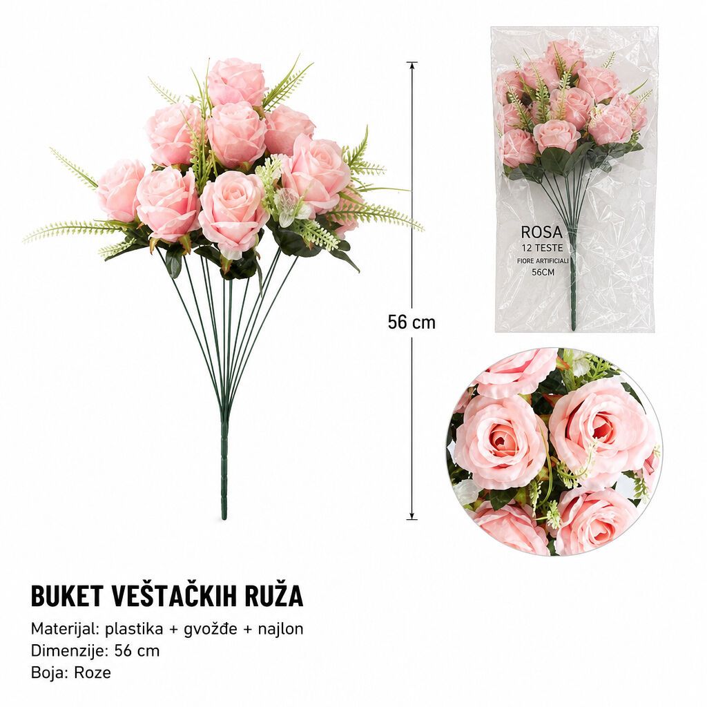 KMT 12 roze 710410 Buket veštačkih ruža – 12 glavica u nežno roze