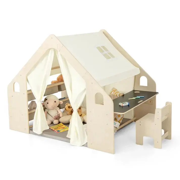 KINDER HOME Dečiji drveni letnjikovac 6 u 1 – stolica, sto, tabla, organizator, tenda i mekana podloga AT-KF-2401ID: EK000692653