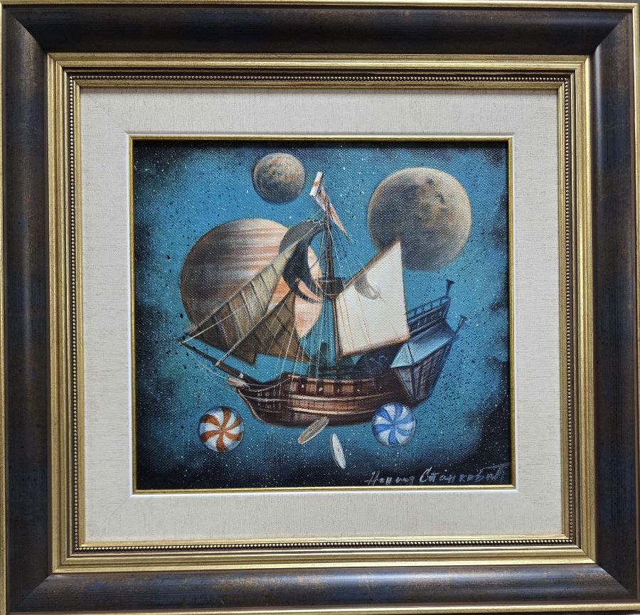 Lutajući jedrenjak u kosmosu, prof. Nenad Stanković, ulje na platnu, sa 45×47 cm, bez 27×29 cm, 2026., sertifikat, 53100 dinara