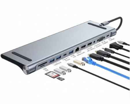 E-GREEN - Multiport USB 3.1 tip C (M) - 2 x HDMI + VGA + 3 x USB 3.0 + 1 x tip C-(PD 100W) + USB 2.0 + 3.5mm + SD/TF + RJ45 (F)1000 Mbps (12 u 1)