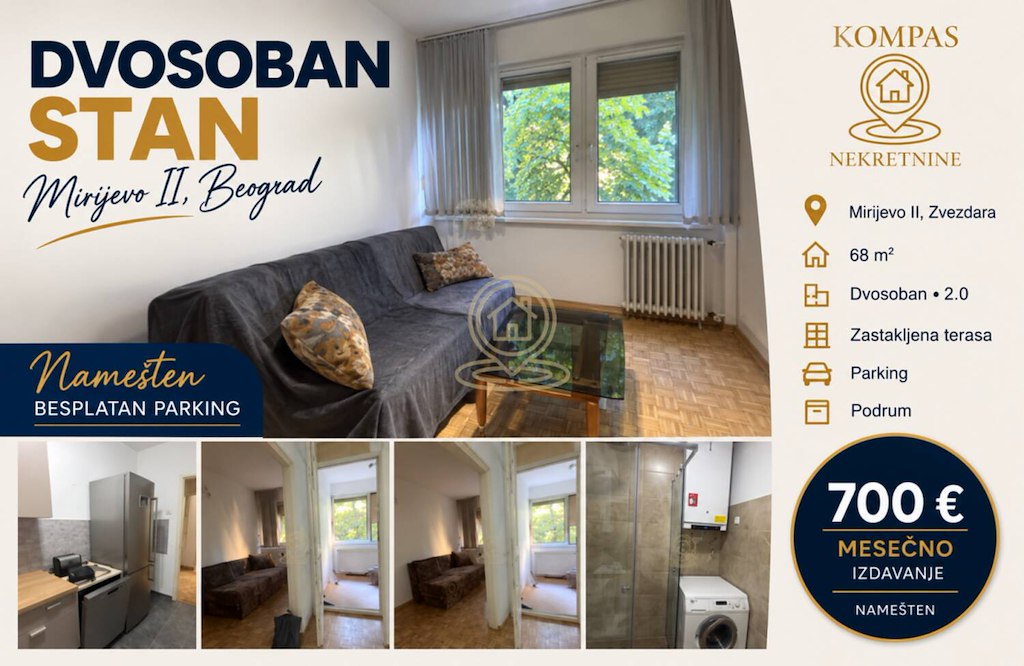 Dvosoban stan, Beograd – Mirijevo II | Izdavanje · 68m² · 700€
