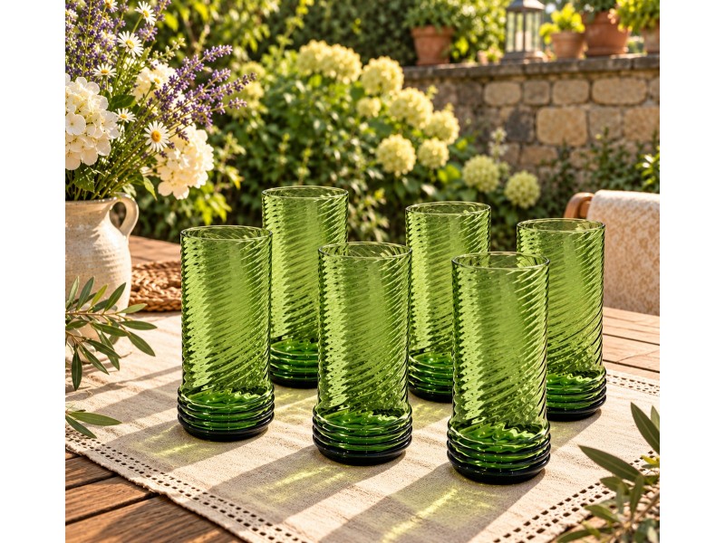 6 retro zelenih čaša sa prstenastim dnom – Art Glass