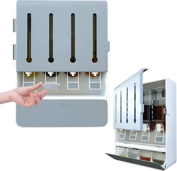 Zidni organizator za začine 4 dozatora + 4 posude, 8 u 1, Beli