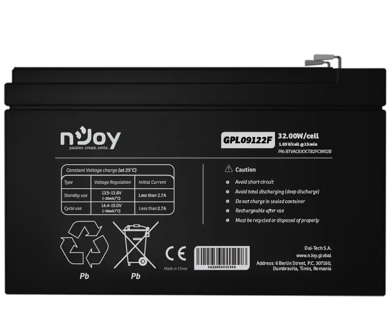 nJoy Baterija za UPS GPL09122F, 12V, 9Ah