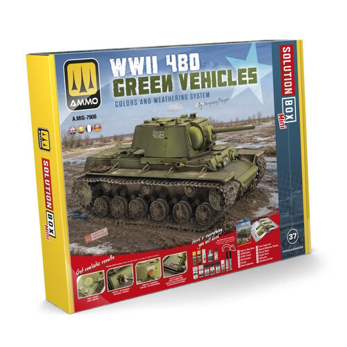 NEW! AMMO of Mig Jimenez A.MIG-7908 Solution Box Mini 37 - WWII 4BO Green Vehicles (English, Spanish, French and German)