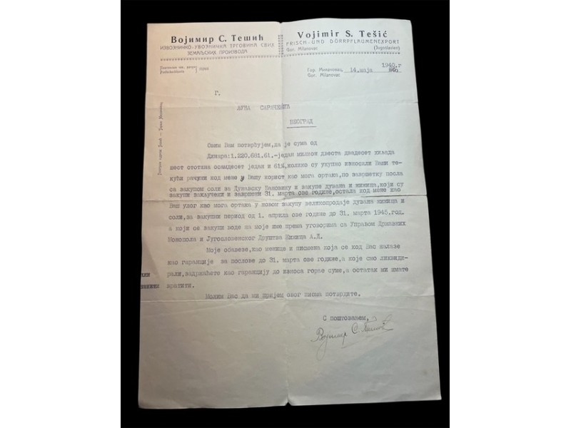 1940 ugovor DUVAN SO ŠIBICE Ljuba Saračević MILION dina