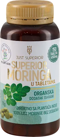 JUST SUPERIOR
Organska SUPERIOR MORINGA u tabletama, 150 Tableta
Dodatak ishrani