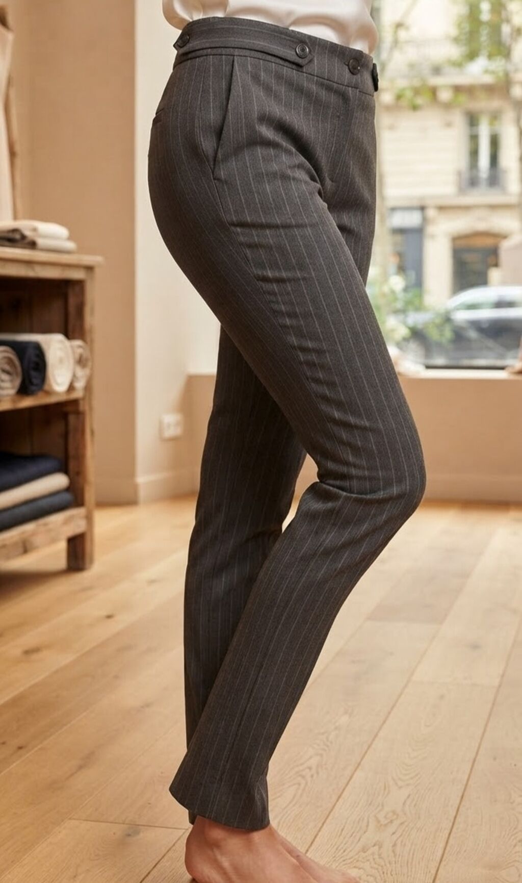 Elegantne ženske pantalone na pruge - Kroj: uske, ravne nogavice